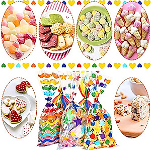 JULBEAR 180Pcs Cellophane Treat Bags, Rainbow Candy Goodie Cello Bag with 200Pcs Twist Ties for Kids Party Favor Supplies (4 Styles)
