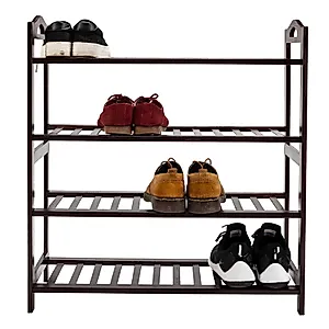 Bamboo 4 Tier Shoe Rack - Shoe Storage Shelf, Industrial Shoe Tower, Narrow Shoe Organizer Entryway Freestanding Shoe Cabinet Organizer Storage Rack - Storage Shelf for Narrow Closet, Hallway, Black