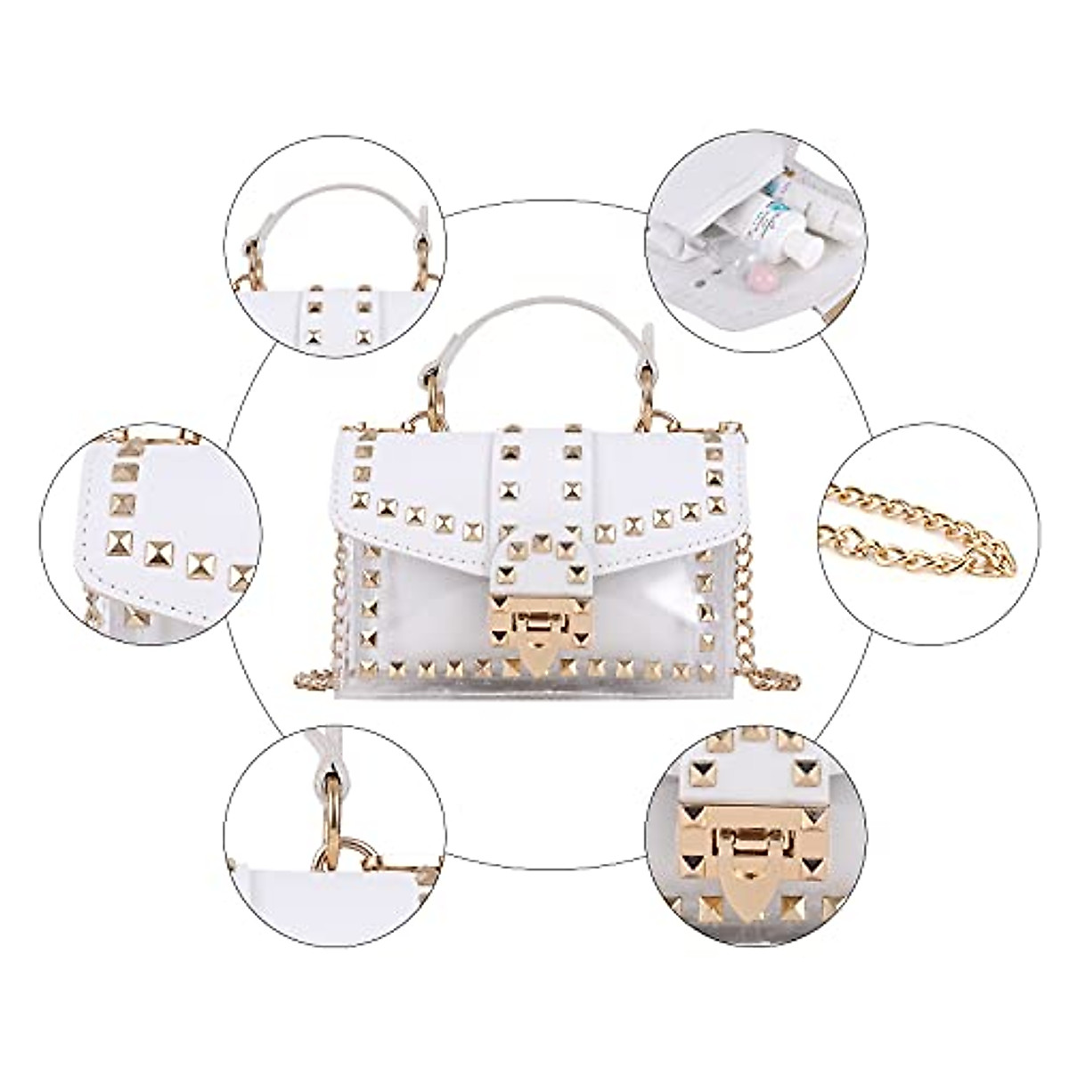 Qiayime Purses and Handbags for Women Transparent Fashion PU Leather Top Handle Chain Rivet Satchel Shoulder Tote Crossbody clutch Clear Bags