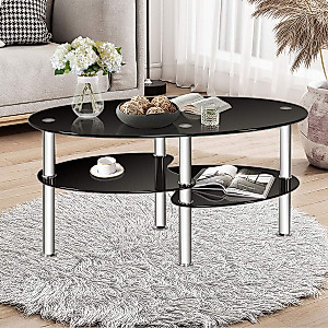Casart Glass Coffee Table End Table 2 Tire for Home &Office with Sturdy Chrome Plated Legs Tea Table (Black)