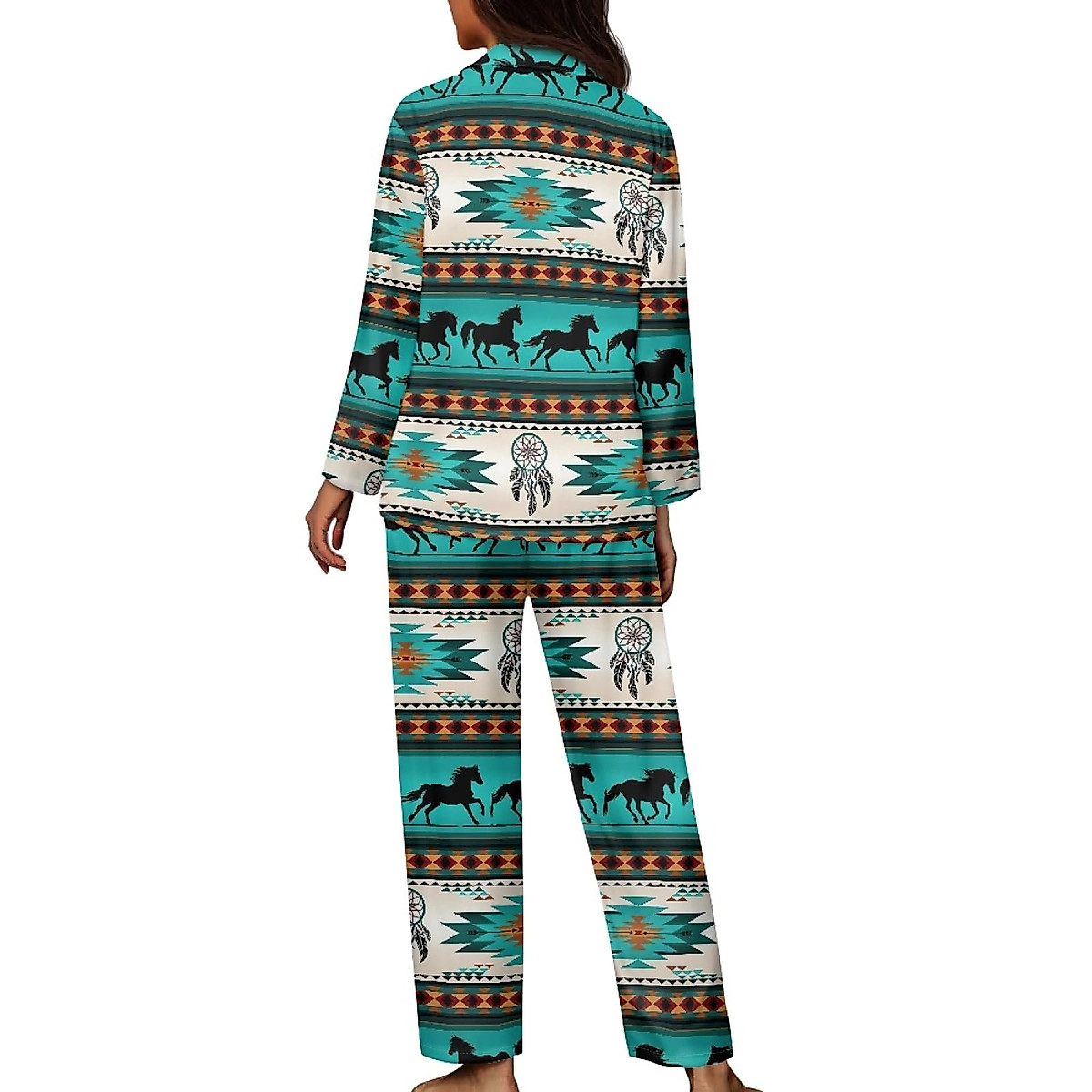 Boatee Women's 2 Piece Pajama Set Aztec Tribe Green Horse Button Down Shirt Pants Sleepwear Set, M