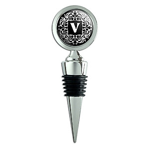 Letter V Initial Black White Scrolls Wine Bottle Stopper