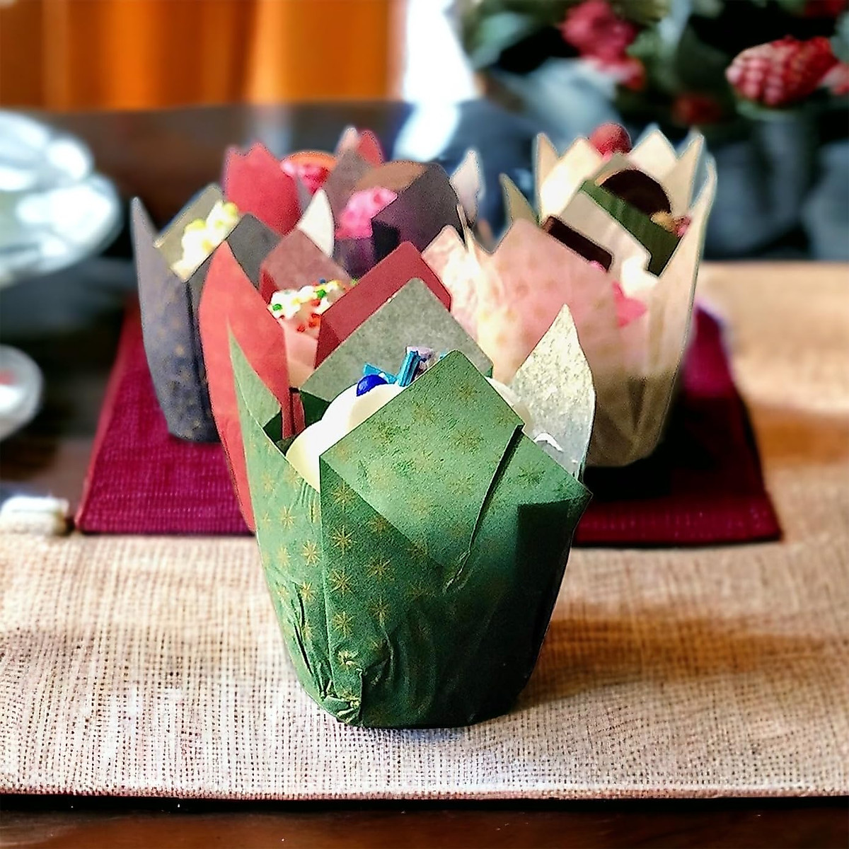 The Baker Celebrations 100 Gold Star Tulip Paper Cups 2 x 3 1/4 inch Muffin Liners; Cupcake Holders - Made in Canada - Green White Red and Blue (25 of each)
