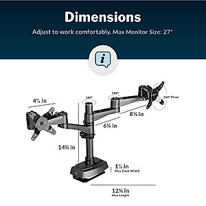 Vari Dual Monitor Arm 180 Degree - VESA Monitor Mount w/ 180 Degree Adjustment - Monitors up to 27 inches, 19.8 lbs - Double Monitor Arms for Compact Spaces - Computer Monitor Stand for Home or Office