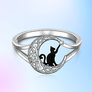 Celtic Knot Cat Ring Thumb Black Matching Cat Sterling Silver Rings for Women Animal Pentagram Pentacle Halloween Cats Lover Gifts Size 10