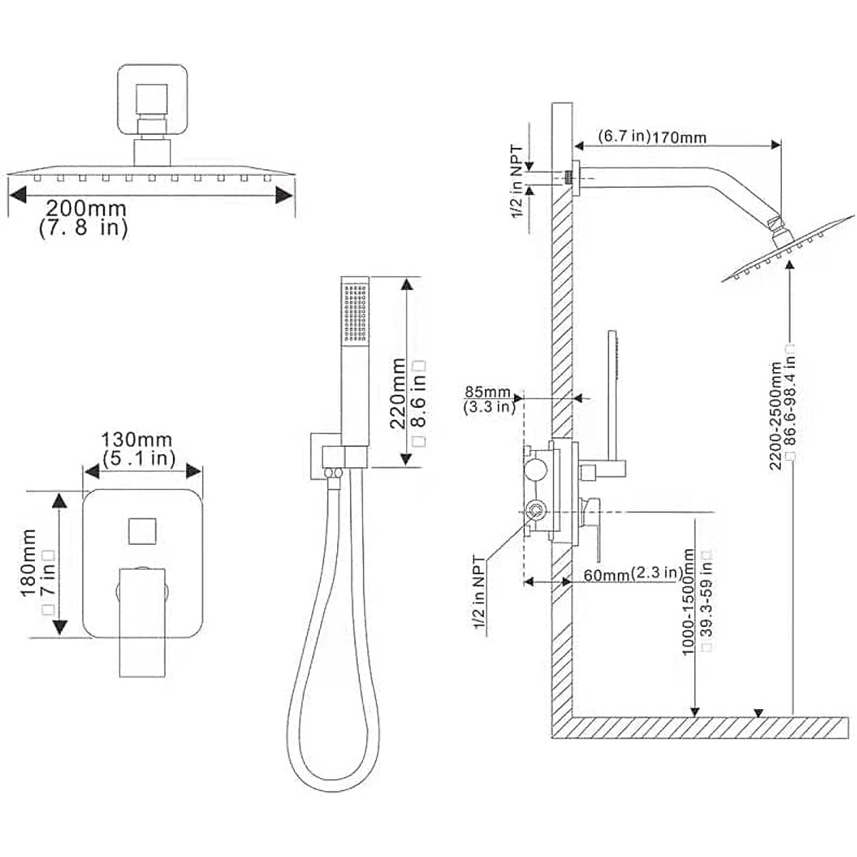 Heable Oil Rubbed Bronze Shower System with 8'' Rainfall Shower Head, Handheld Shower head, Bathroom Luxury Rain Mixer Shower Combo Set Wall Mounted Shower Faucet Rough-in Valve and Trim Kit