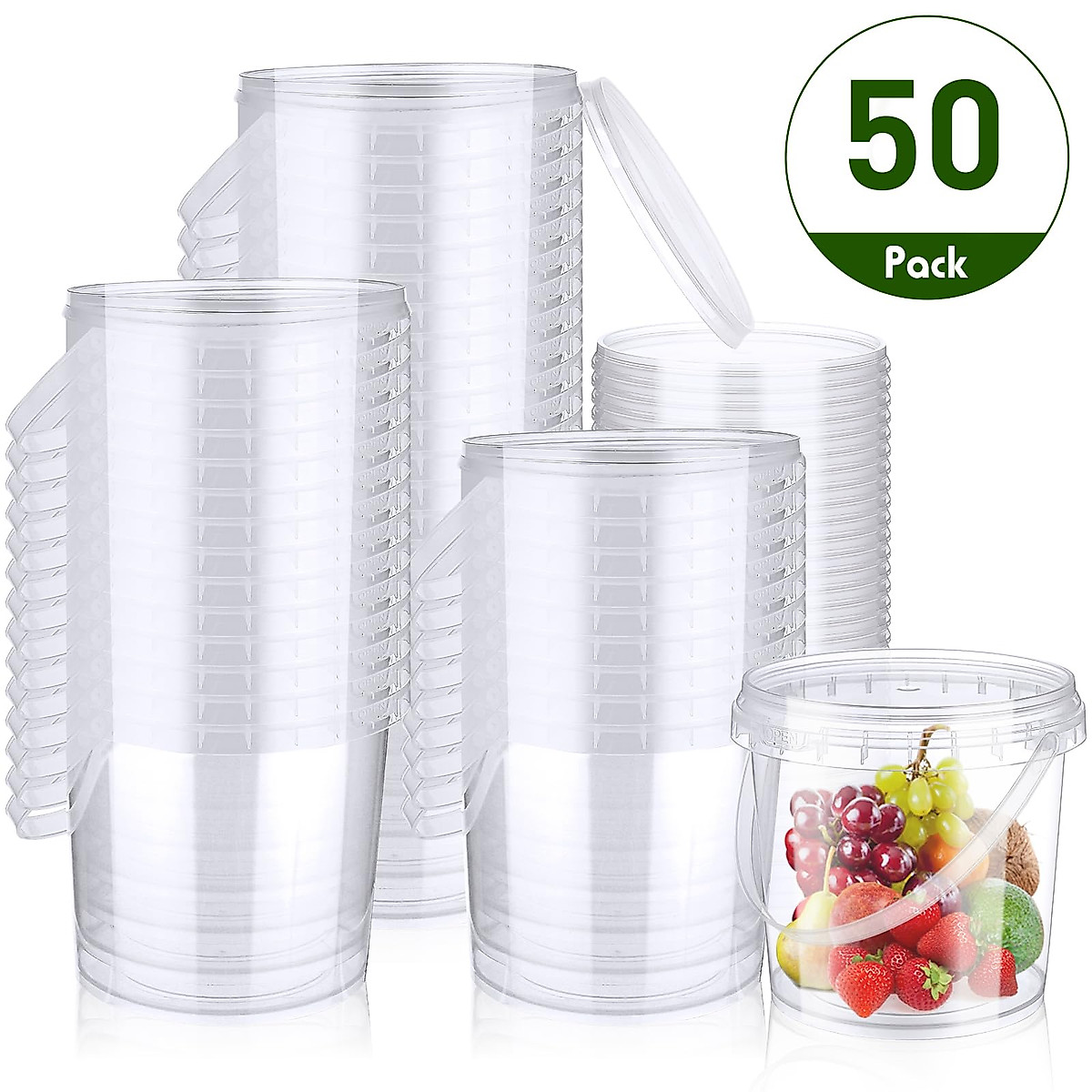 Mifoci 50 Pcs 32oz Food Clear Bucket Plastic Gallon Bucket Round Reusable Ice Cream Containers with Lids and Handles Airtight Clear Plastic Tub Freezer Reusable Pail for Kitchen Drinks Home(32oz)