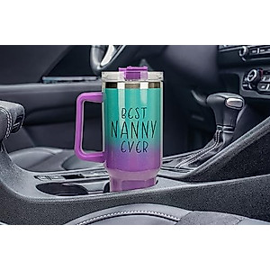 Elanze Designs Best Nanny Ever Childcare Au Pair 40 oz. Stainless Steel, Large Water Bottle Coffee Mug, Spill & Leak Resistant, Thermal Travel Tumbler with Handle, Lid & Straw, Teal/Purple