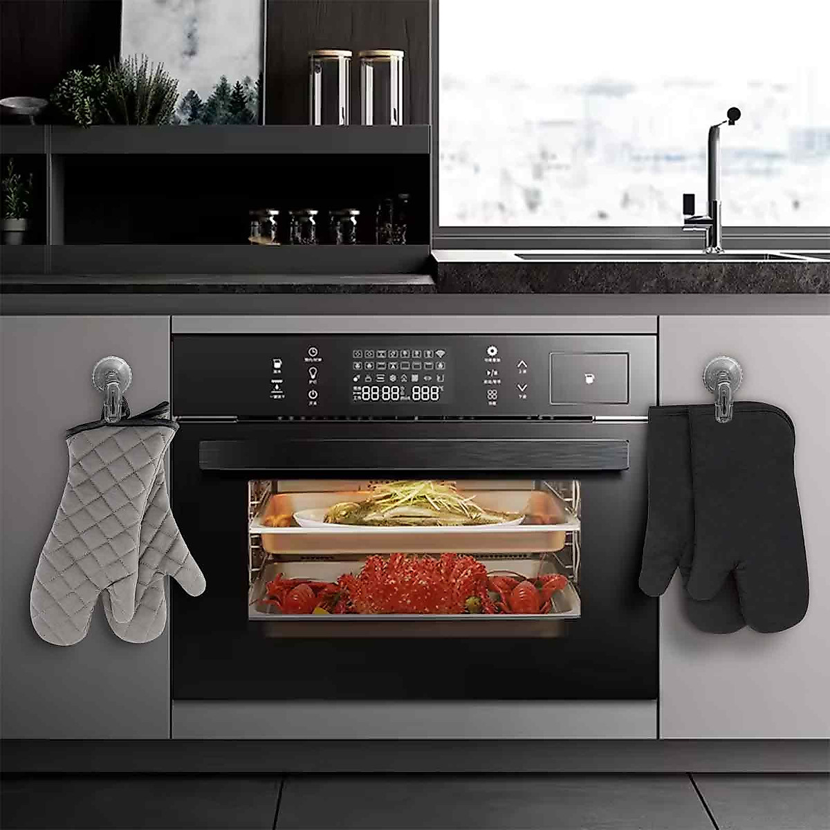 NHO Ovent Mitt Hanger - Twist Lock Suction Clips for Kitchen Stove Gloves - Hooks for Door - Towels Holder for Bathroom - Hanging Stuff for Cabinet Fridge Refrigerator - Grey