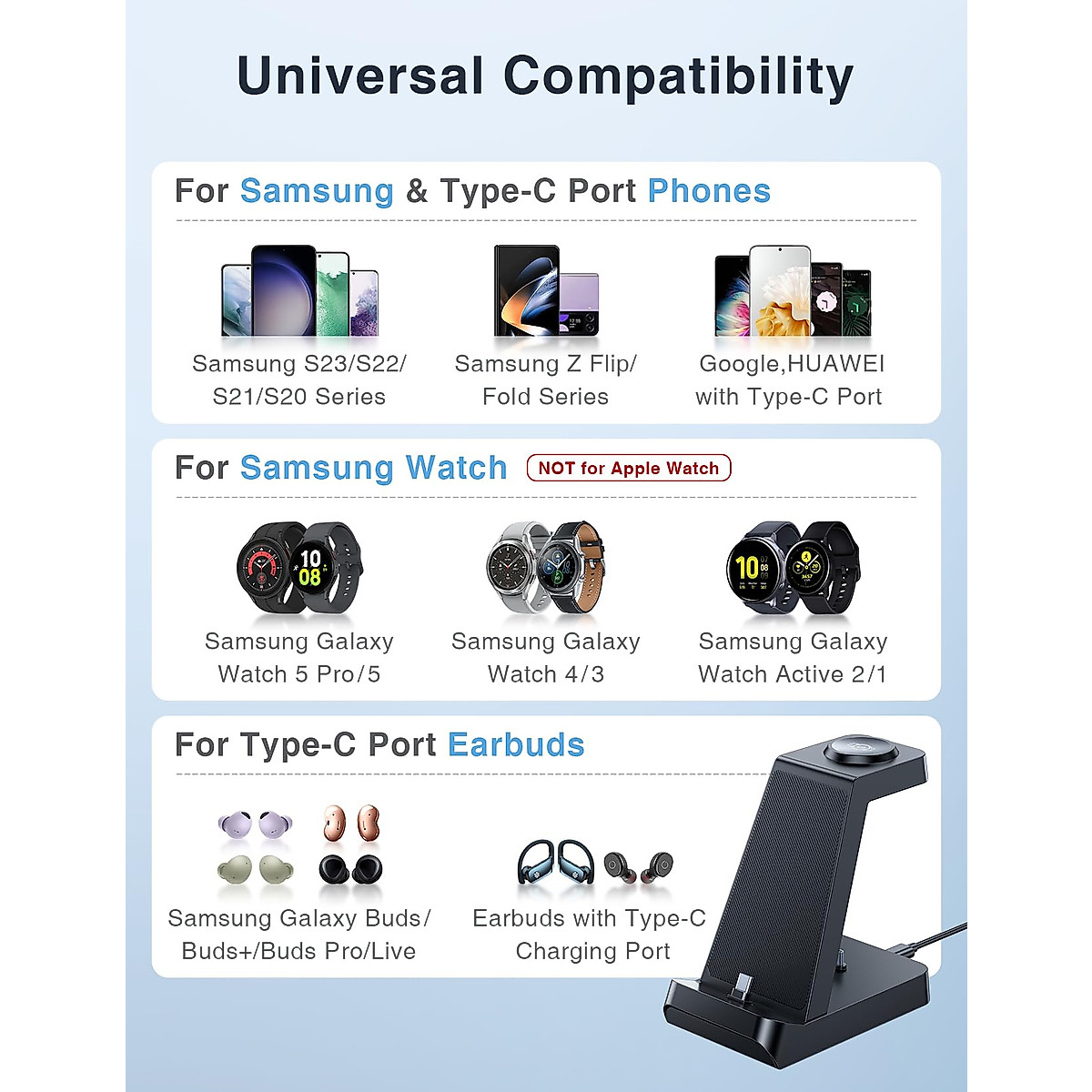 LK Charging Station for Samsung 3 in 1 Charger Station Wireless Charger for Galaxy Watch 5 Pro/4/3/Active 2/1, for Samsung S24 Ultra Plus S23 S22 S21 S20 Z Flip Fold 5 4 3 Galay Buds