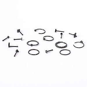 WASOLIE 16 PCS Nose Rings for Women 316L Stainless Steel Nose Piercings Jewelry Black Screw Men Nose Studs Rings.