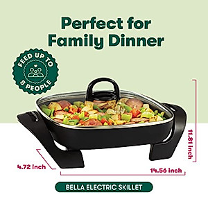 BELLA Electric Skillet and Frying Pan with Glass Lid, Nonstick Coating, Cool Touch Handles, Removable Heating Probe, Dishwasher Safe, 12 x 12 inch, Black