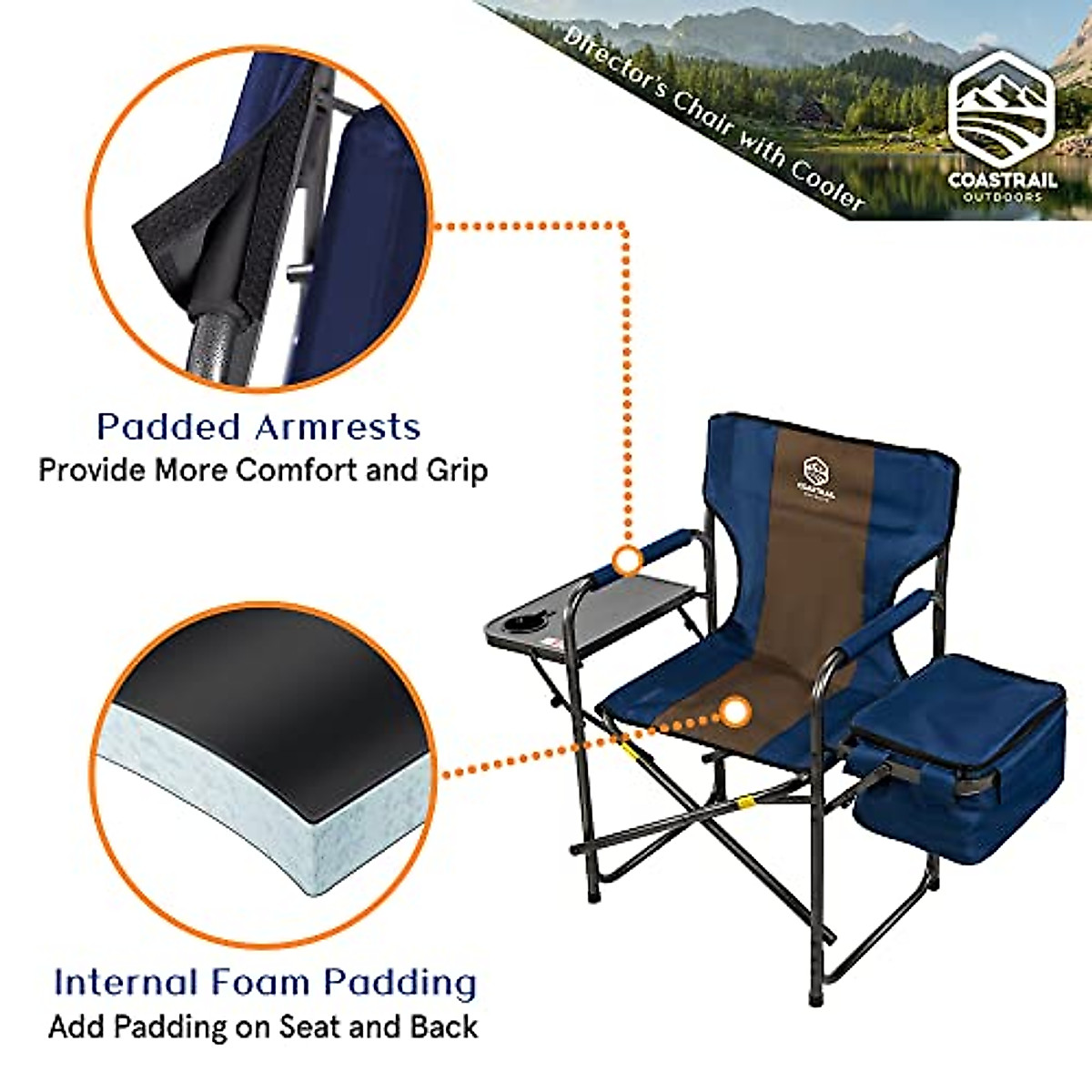 Coastrail Outdoor Folding Directors Chair with Cooler Camping Chair Portable with Side Table, Aluminum Heavy Duty for Picnic, Patio, Lawn, Garden, Support 400 lbs