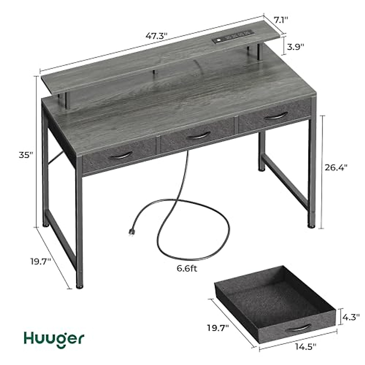 Huuger 47 inch Computer Desk with 3 Drawers, Office Desk Gaming Desk with LED Lights & Power Outlets, Home Office Desks with Storage Space for Bedroom, Work from Home, Gray