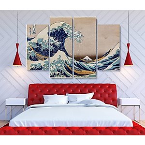 The Great Wave off Kanagawa Canvas Wall Art Framed Print -Various Sizes ("4 Piece" Large)