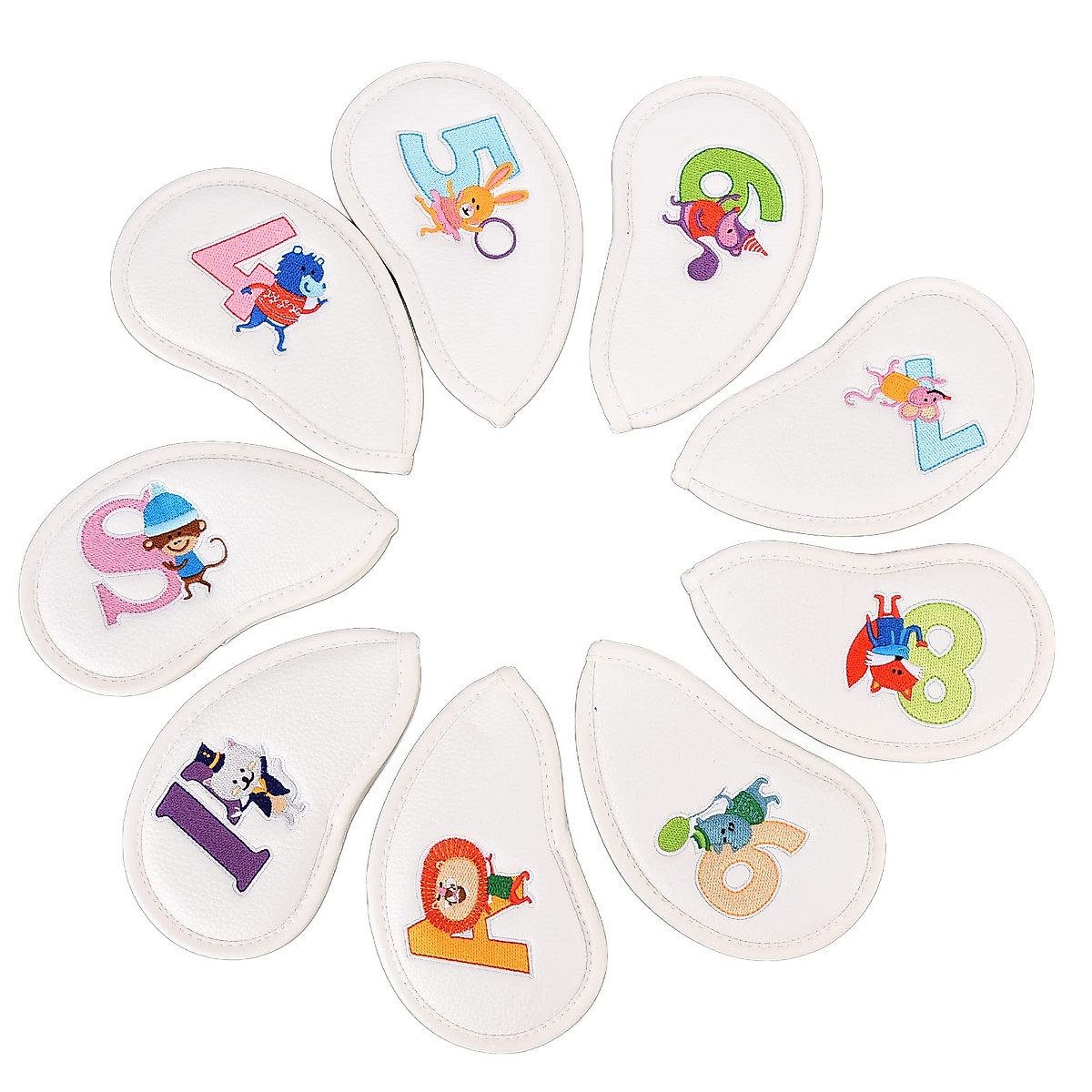 Golf Club Head Covers, Golf Driver Headcover Set 9Pcs 6.5x3.7 Inch PU Leather Golf Iron Head Covers Set with Cartoon Animal Embroidered (White)