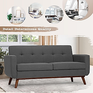Nansiee 65" Linen Fabric Loveseat Sofa with Tufted Backrest, 2-Seat Mid Century Couch with Wooden Legs, Modern Small Sofa with Upholstered Cushions for Living Room, Bedroom, Small Spaces, Grey
