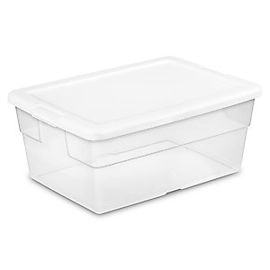 Sterilite 16 Quart Storage Box, Stackable Bin with Lid, Organize Shoes, Crafts in Home Closet, Office, School, Clear with White Lid, 48-pack
