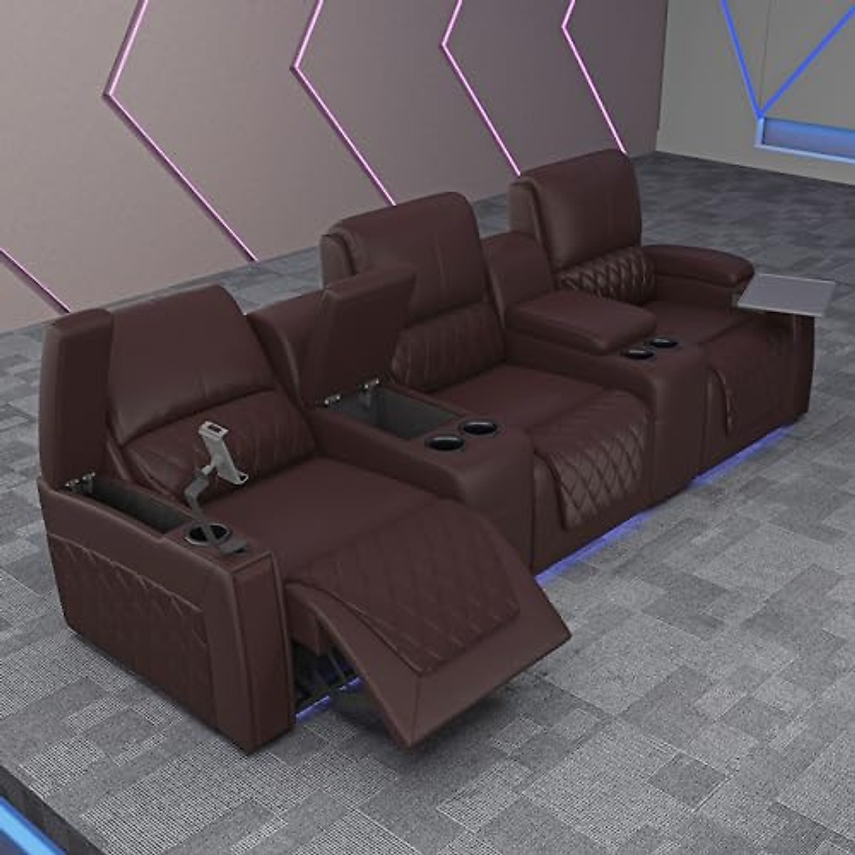 Home Theater Seats, Electric Recliner with USB Port and Cup Holder, Breathable Cowhide Double Sofa with Hidden armrest Storage Space, and Seats with Ambient Lighting (Coffee Color, Set of 3)