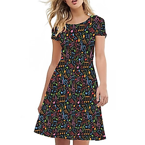 POLERO Women Lady Animal Colorful Music Notes Print Short Sleeve Summer Dress Round Neck Chic Flowy Midi Dresses Size L