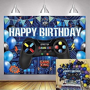 Happy Birthday Video Game Photography Backdrop Blue Level Up Gaming Happy Birthday Banner Boy Family Indoor Outdoor Gamer Room Video Game Party Wall Decoration 7x5ft