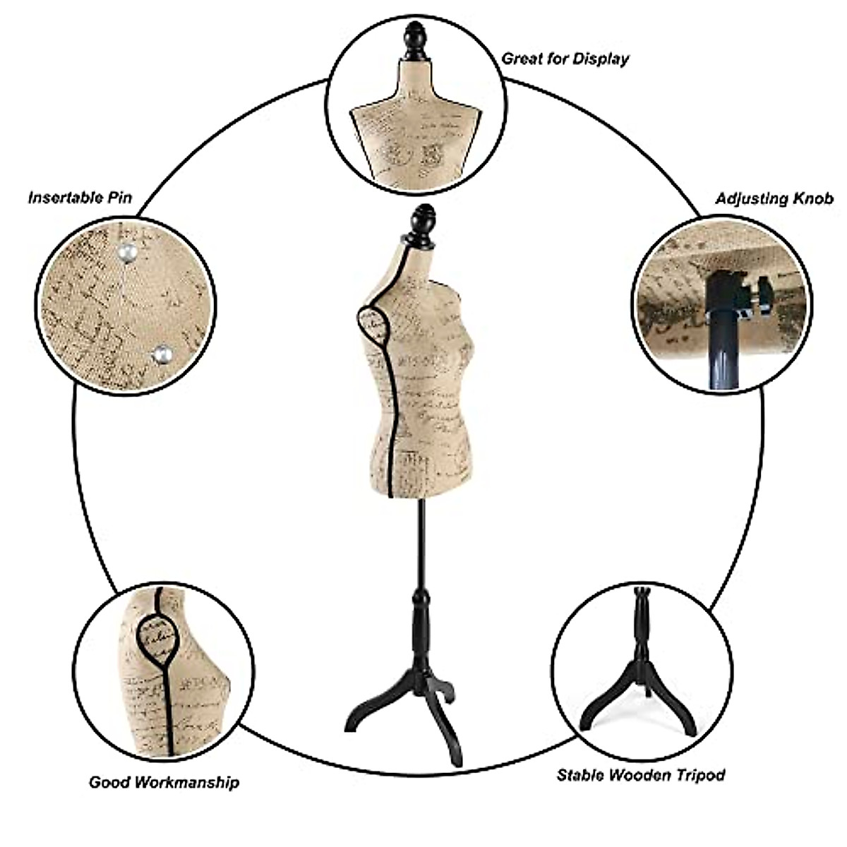 HAORUI Female Dress Form Mannequin Torso Height Adjustable Pinnable Mannequin Body with Sturdy Tripod Stand for Home Decor, Jewelry & Clothing Display (Brown)