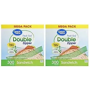 Great Value Double Zipper Sandwich Bags, 300 Count (Pack of 2)