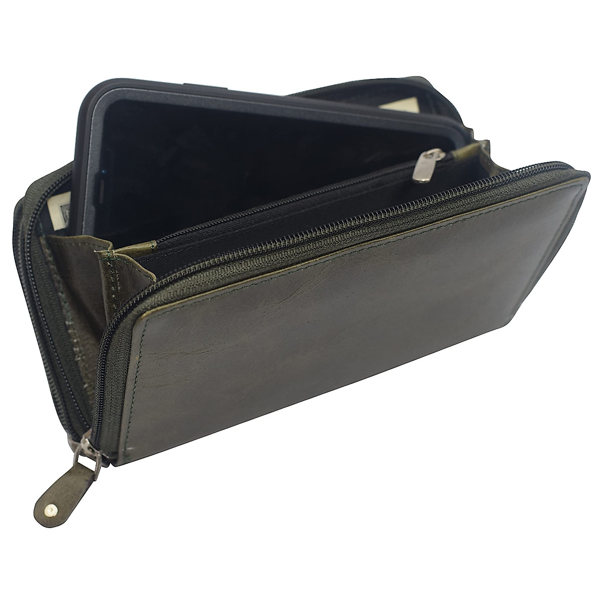 Cavelio Leather Wallets for Women RFID Blocking Double Zip Around Credit Card Holder Phone Clutch (Green)