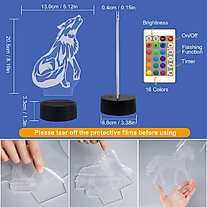 FULLOSUN Wolf Gifts, 3D Night Light for Kids Optical Illusion Lamp Co-Sleeping,Remote Controller with 16 Color Changing Birthday Gifts & for Kids, Boys & Men