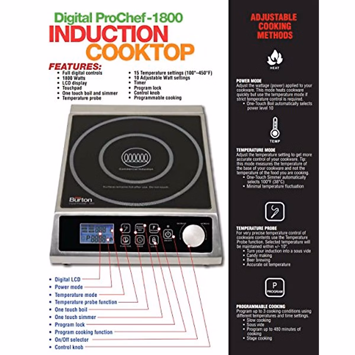 Max Burton 6515 Digital ProChef-1800 Induction Cooktop, Digital Controls, 10 Adjustable Watt and 15 Temperature Settings, Timer, Program Lock, Programmable Cooking, 1800W, 120V