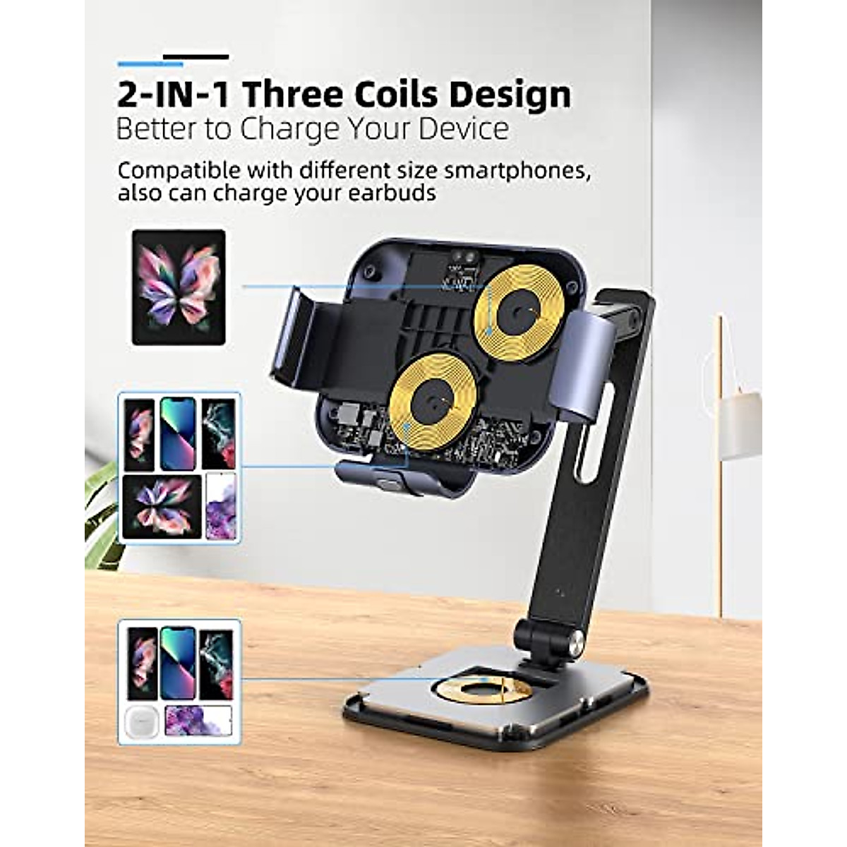 ANPULES Wireless Charger Stand for Z Fold 4/3/2, Aluminium Alloy Charging Station [3 Coils] 2 in 1 Charger Station for Samsung Galaxy Buds 2 Pro/Pro / 2 / Live and Z Fold Series（Include 20W Adapter）