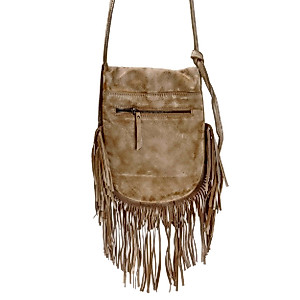 ZLYC Women Bohemian Dip Dye Leather Fringe Bag Pouch Tribal Tassel Cross Body Bag Purse, Khaki
