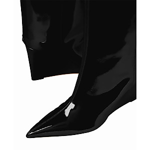 THESHY Women‘s Pointed Toe Knee High Boot Wedge Metallic High Heel Thigh High Boot Patent Leather Pull on Shoes