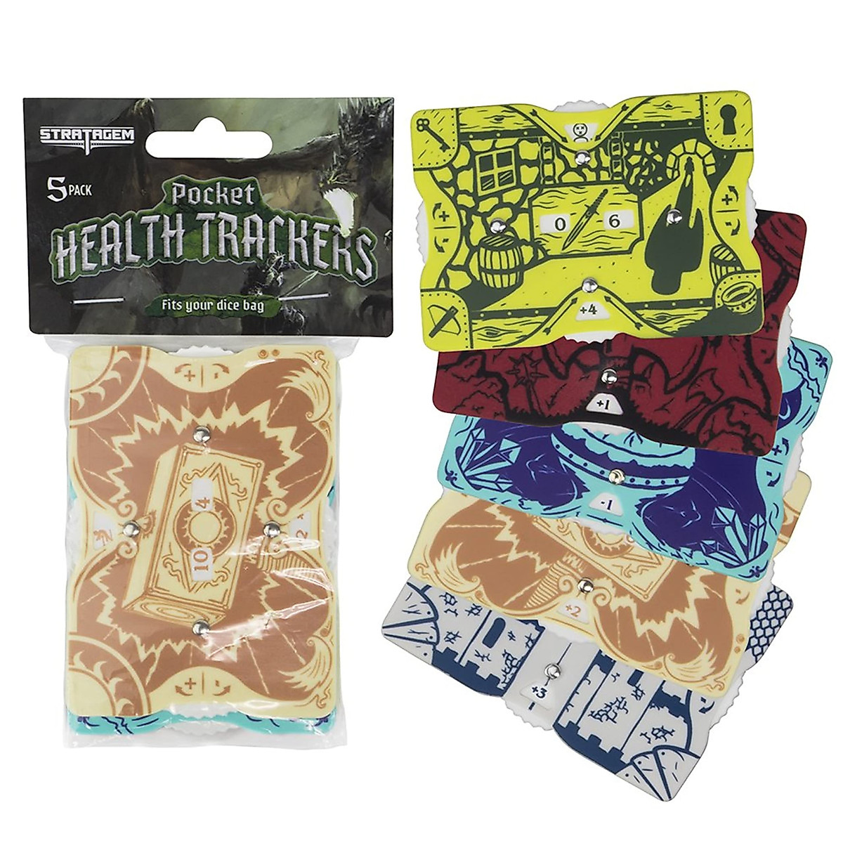 Stratagem 5-pack Pocket Health Trackers, Track Character HP, Bonuses, and Conditions for Tabletop Role-playing Games, Fits in a Dice Bag