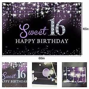 Sweet 16th Birthday Decorations for Girls Happy 16 Birthday Backdrop Banner,Purple Balloon Garland Kit for Teen Her Sixteen Sweet 16 Birthday Party Decorations,16th Birthday Party Supplies Bday Decor