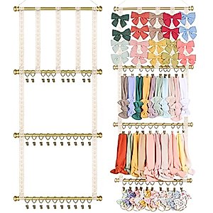 CN Headband Organizer Holder for Baby Girls, Bow Holder for Girls Hair Bows, Hair Accessories Hanger Boho Ribbon Storage with 30 Bronze Clips for Nursery Hanging Room Decor For Wall
