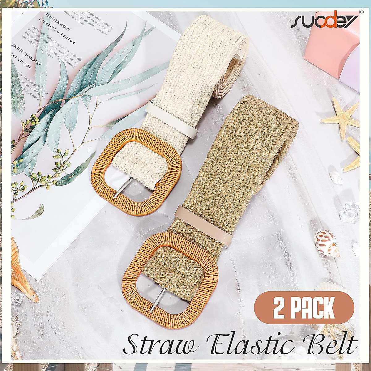 SUOSDEY 2 Pack Straw Woven Elastic Belt Braided Stretch Wide Belt for Women Dress