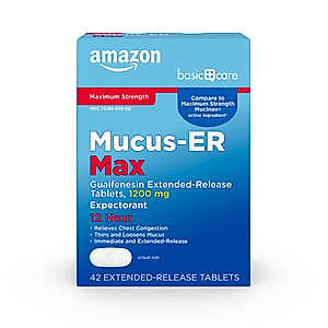 Amazon Basic Care Maximum Strength Chest Congestion and Mucus Relief, Guaifenesin Extended-Release Tablets, 1200 mg, 42 Count