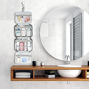 Yuan & Chuang Hanging Travel Toiletry Bag for Women Foldable Hygiene Bag, Large Capacity Waterproof Cosmetic Travel Bag with 4 Compartments & 1 Sturdy Hook,Travel Essentials Organizer(blue)