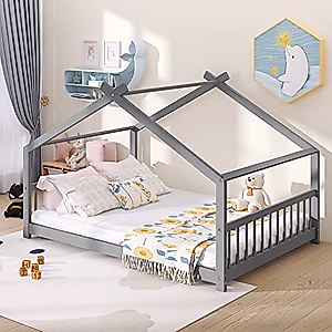 AOCOROE Wood House Bed Full Bed Frame for Boys and Girls, Full Size Playhouse-Design Montessori Floor Bed Platform Bed Frame,No Box-Spring Needed