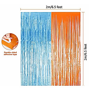 2 Pack Foil Metallic Fringe Curtains for Party Decorations Blue Orange Curtain Backdrop for 3 4 5 Years Old Boys Girls