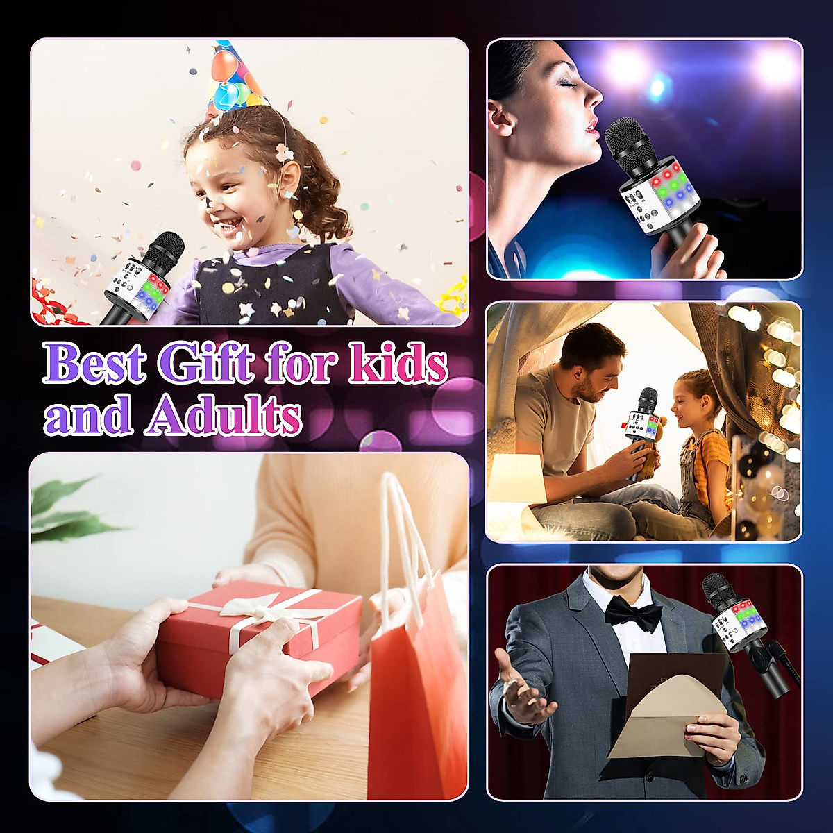 Anitiate Toy Microphone for Kids, Handheld Wireless Bluetooth Microphone for Adults with LED Lights Portable Karaoke Mic Speaker Player Recorder Machine for Birthday Home Party (Black)