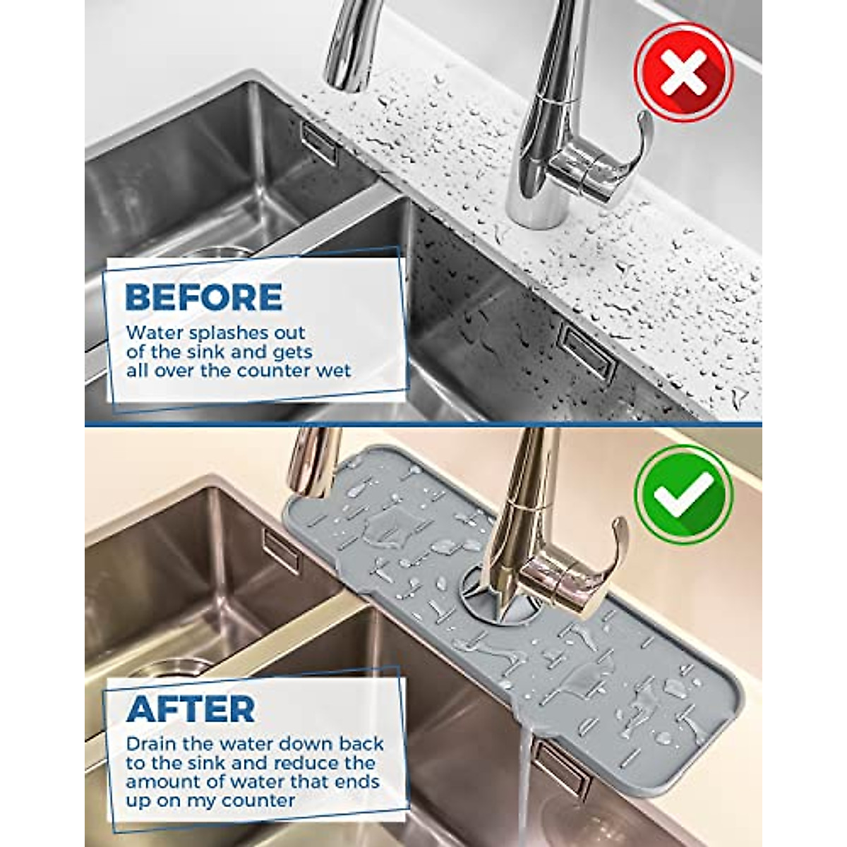 Kitchen Sink Splash Guard - Silicone Faucet Handle Drip Catcher Tray, Dish Soap Dispenser and Sponge Holder Mat Behind Faucet, Kitchen Guard Gadgets Sink Accessories for Kitchen Counter and Bathroom