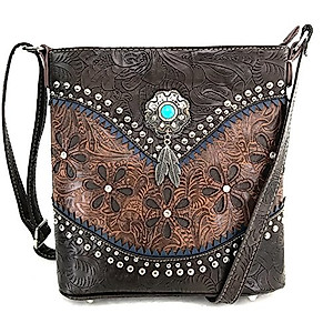 Justin West Turquoise Stone Concho Feathers Western Tooled Studs Concealed Carry Handbag Purse (Brown Messenger Only)