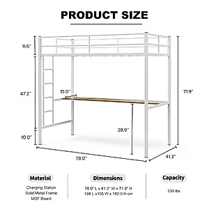 IKIFLY Metal Twin Size Loft Bed with Desk & Charging Station, Heavy Duty Loft Bed Frame with Safety Guard Rail and Ladder, Space-Saving Design, Noise Free, No Box Spring Needed - White
