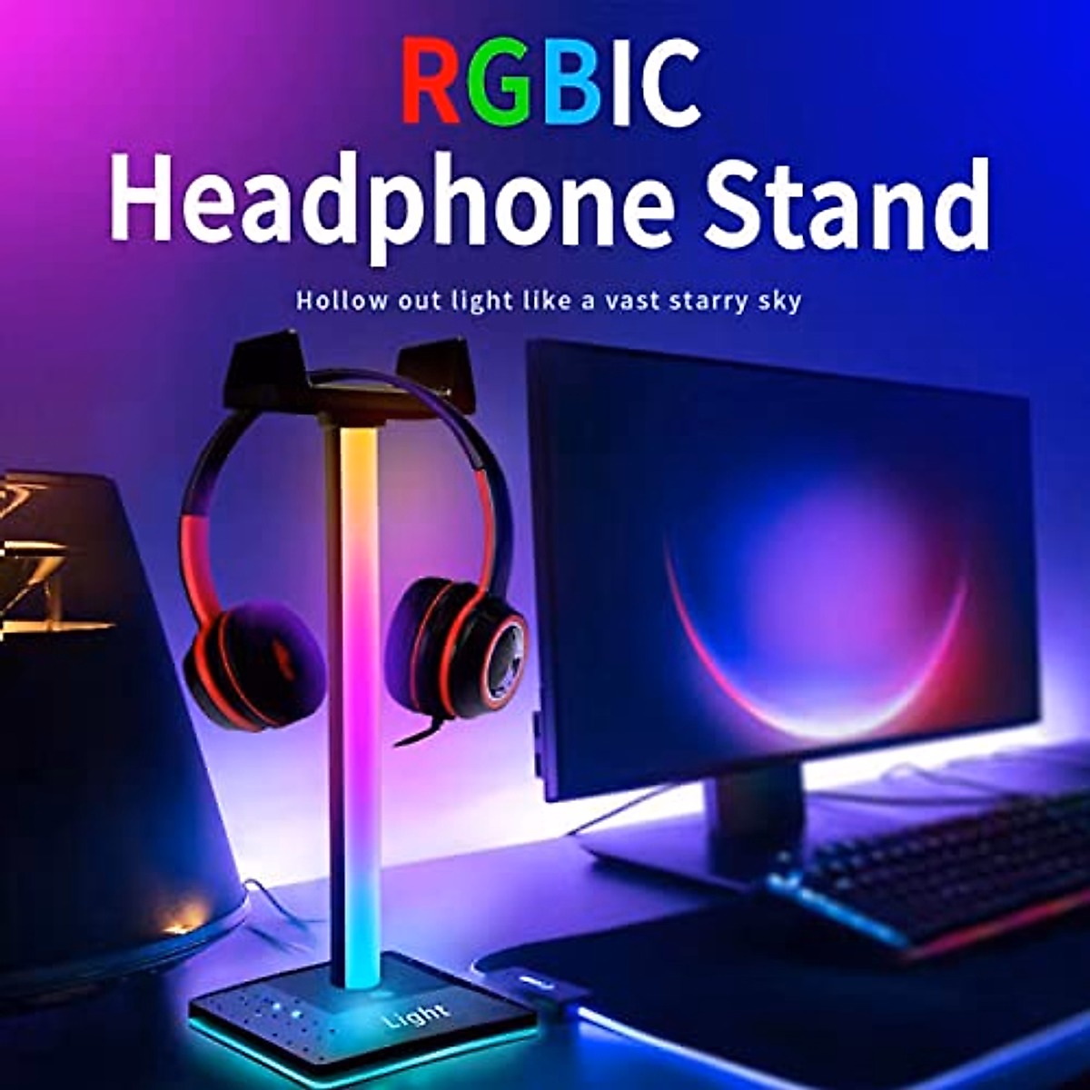 MOCIUN USB Gaming Desktop Headphone Display Stand, RGB Gaming Headphone Stand with USB 2.0 Hub and 3.5 mm Audio Port T-Ouch Control LED Strip Lamp (A)