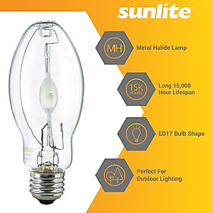 Sunlite 03650-SU MH150/U/MED M102 Metal Halide Lamp, 150 Watts, Pulse Start, Medium Base (E26), ED17, 15,000 Hours Life, 14000 Lumen, Clear Finish, 4000K