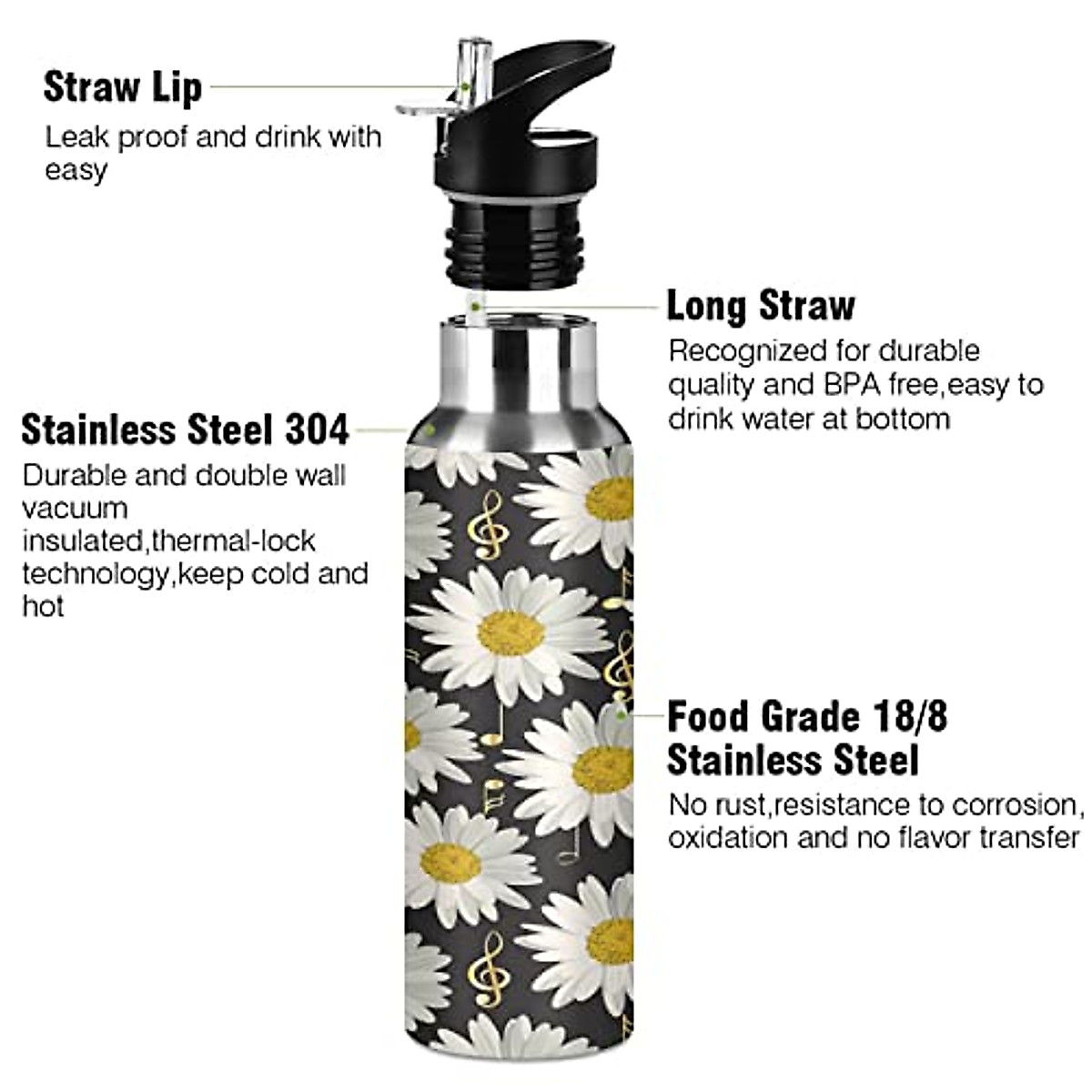 ALAZA Flower Music Note Water Bottle with Straw Lid Vacuum Insulated Stainless Steel Thermo Flask Water Bottle 20oz