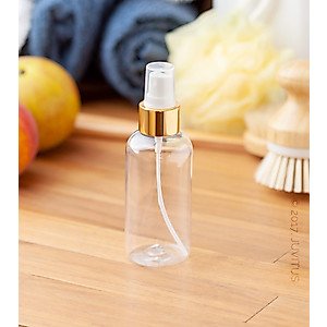 JUVITUS 4 oz / 120 ml Clear Plastic PET Boston Round Bottle (BPA Free) with Gold Fine Mist Spray (12 pack)