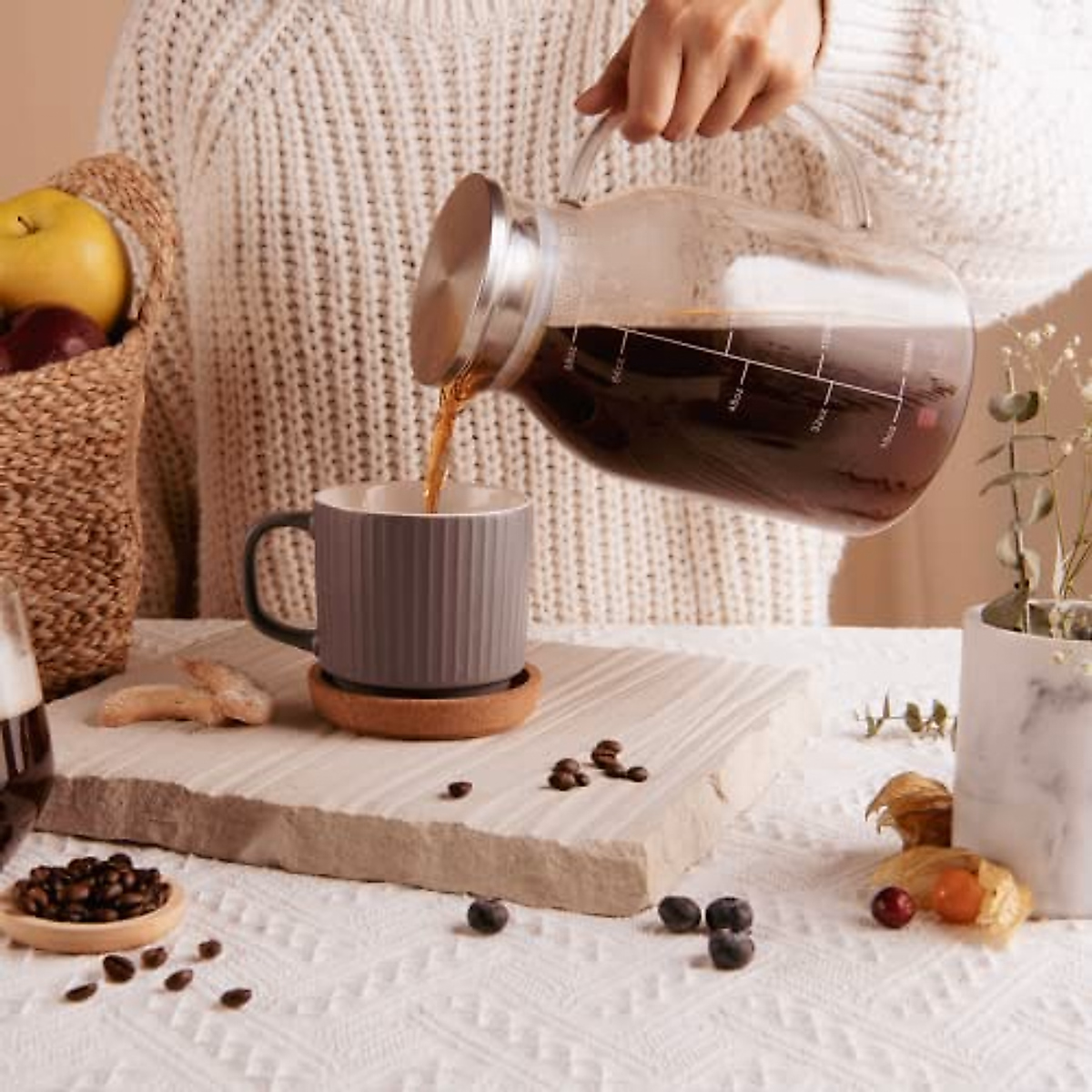 Pykal Glass Water Pitcher with Lid - 68 Oz - Heat Resistant Iced Tea or Coffee Jug with Handle and Lid - Borosilicate Pitchers for Hot or Cold Liquids - w/Free Brush